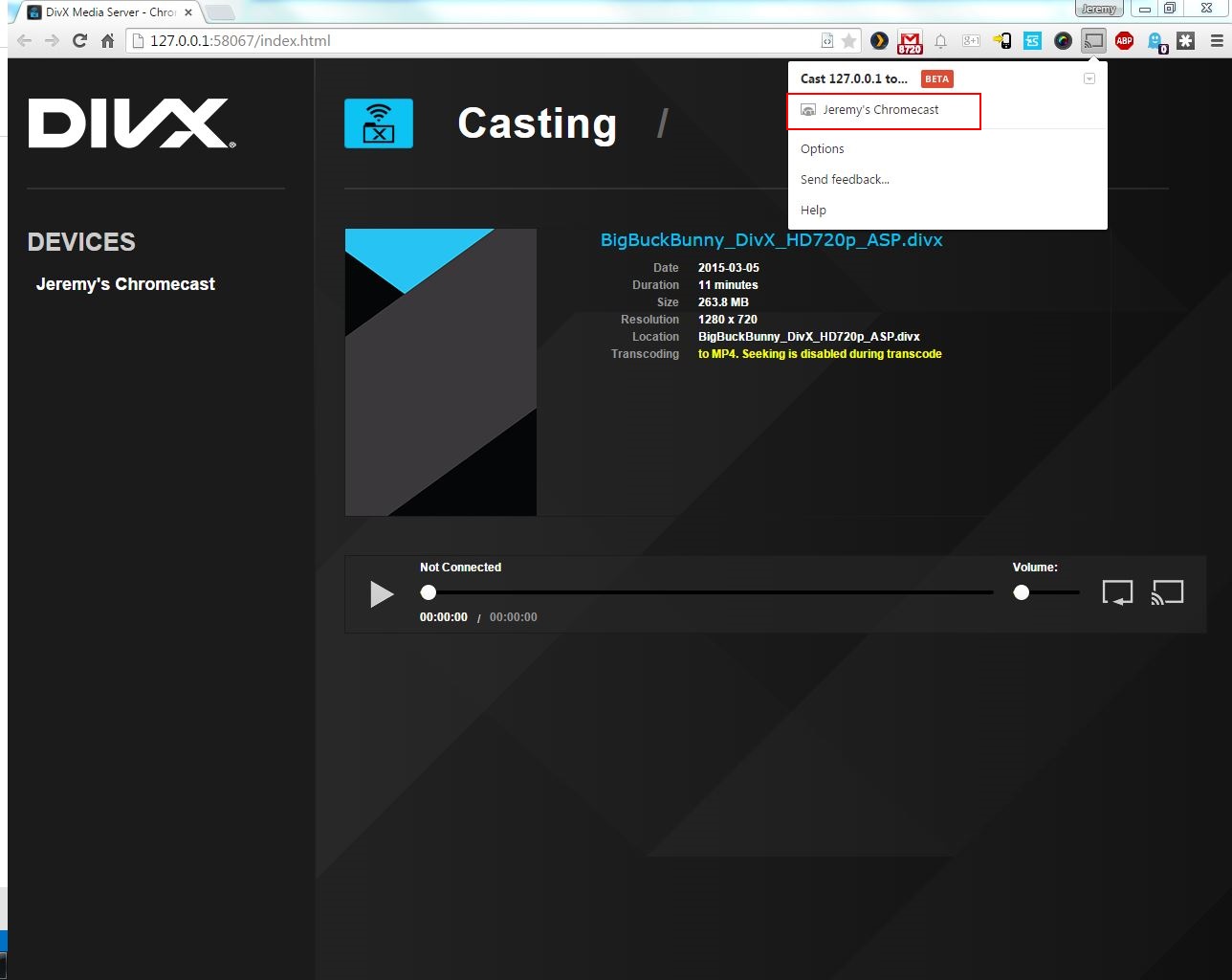 DivX Player 로 부터 크롬캐스트에 연결된 장치로 스트리밍 하는 방법 – DivX